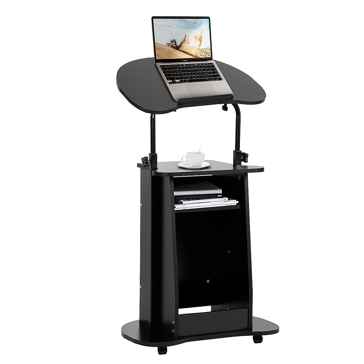 bimiti Mobile Lectern Podium Stand Height Adjustable Sit-to-Stand Desk with Tilting Desktop & Storage Cabinet Rolling Lectern Cart Laptop Desk on Wheels, Podium Stand for Classroom Church Home Office