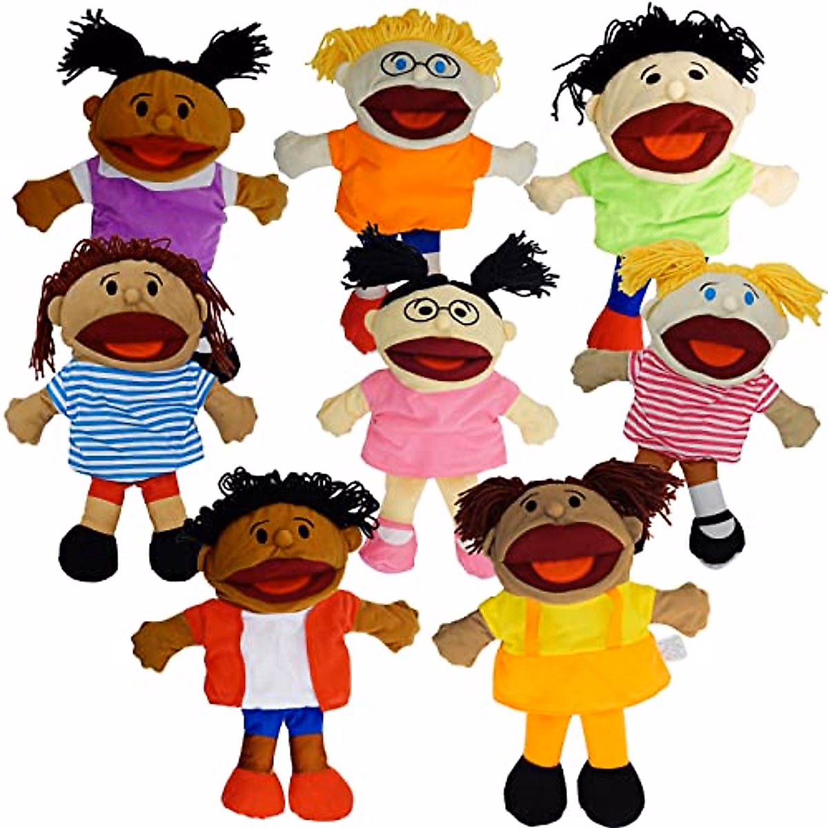 8 Hand Puppets for Kids, Multicultural Puppets with Movable Mouth (8 Pack) Bulk Soft Plush Puppets, School Home Puppet Theater Shows Toys, Teachers Classroom Supplies