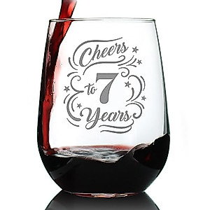 Cheers to 7 Years - Stemless Wine Glass Gifts for Women & Men - 7th Anniversary Party Decor - Large 17 Oz Glasses