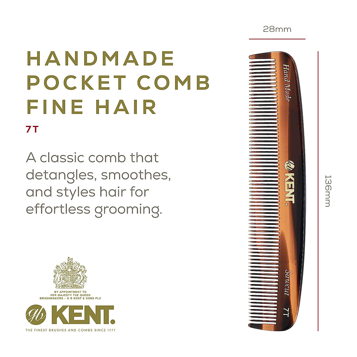 Kent 7T Handmade All Fine Tooth Pocket Comb for Men, Hair Comb Straightener for Everyday Grooming Styling Hair, Mustache and Beard, Use Dry or with Balms, Saw Cut and Hand Polished, Made in England