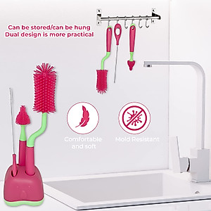 Triplevo 3 in 1 Silicone Baby Bottle Cleaning Brush Kit with Stand – Baby Cleaning Brush Set for Baby Milk Bottles Straws Breast Pumps & Other Accessories – Capable to 360° Overall Cleaning (Mint)