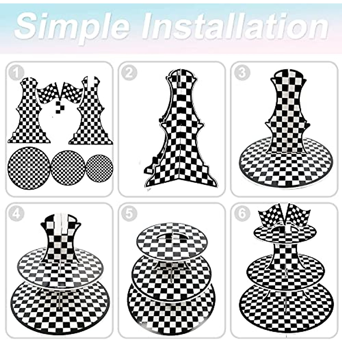 3-Tier Racing Car Theme Cardboard Cupcake Stand/Tower Black and White Checkered Cupcake Stand,24Pcs Racing Flag Cupcake Toppers,Racing Car Party Supplies Black and White Checkered Birthday Party Decor