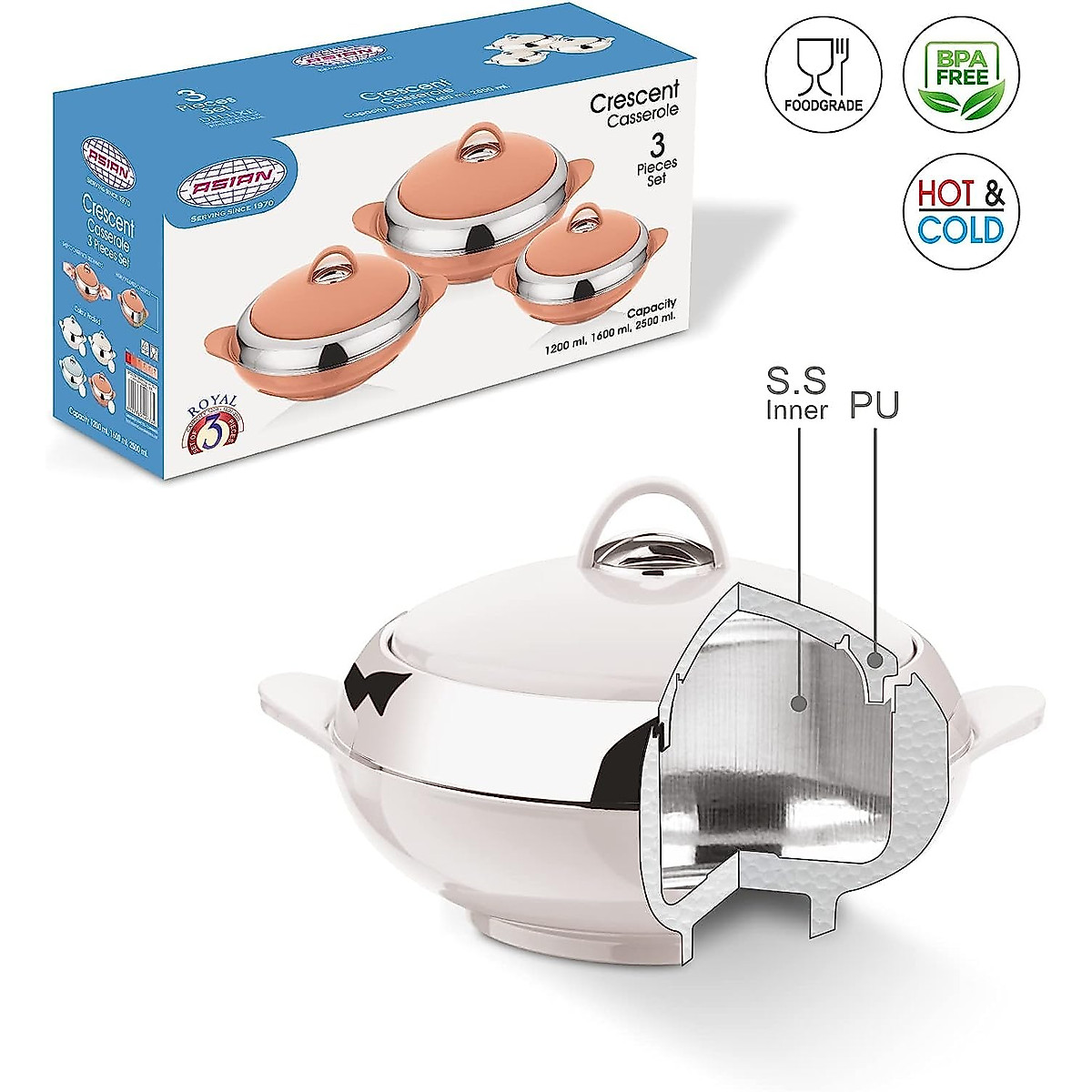 Tmvel Crescent Insulated Casserole Hot Pot - Insulated Serving Bowl With Lid - Food Warmer - 3 pcs Set 2.5 L / 3.5 L / 5 L