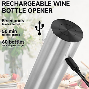 Moocoo Electric Wine Opener Gift Set, Automatic Electric Wine Bottle Corkscrew Opener Rechargeable with Foil Cutter, Automatic Aerator, 2 Vacuum Stoppers for Home Bar Outdoor Parties, Stainless Steel