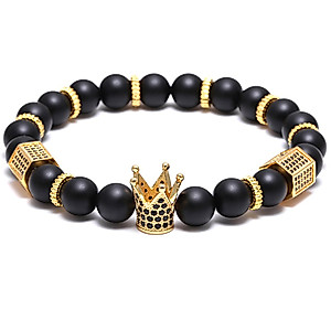 SEVENSTONE 8mm Crown King Charm Bracelet for Men Women Black Matte Onyx Stone Beads, 7.5"