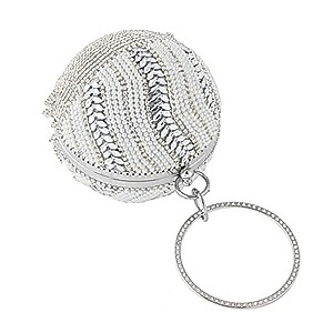 UMREN Women Pearl Round Ball Dazling Crystal Evening Clutch Purse Rhinestones Tassel Wedding Party Handbags Silver 5