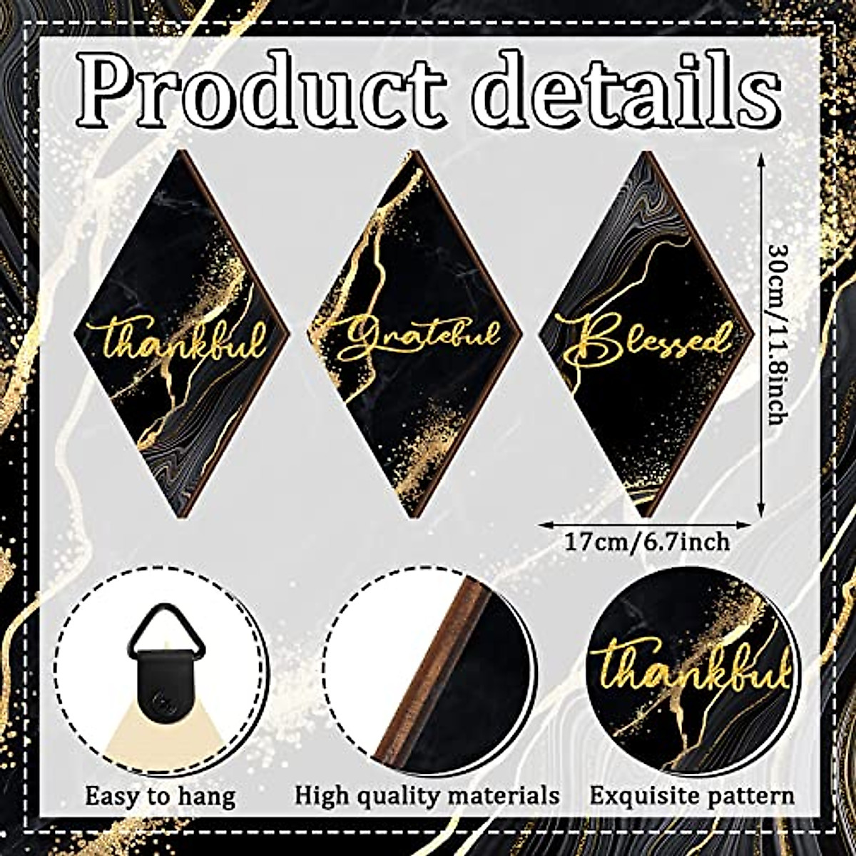 3 Pcs Marble Style Bathroom Wall Decor Thankful Grateful Blessed Wall Decor Black and Gold Farmhouse Rustic Art Wall Decor Wooden Bathroom Hanging Signs for Home Laundry Spa Room,11.8 x 6.7 Inches