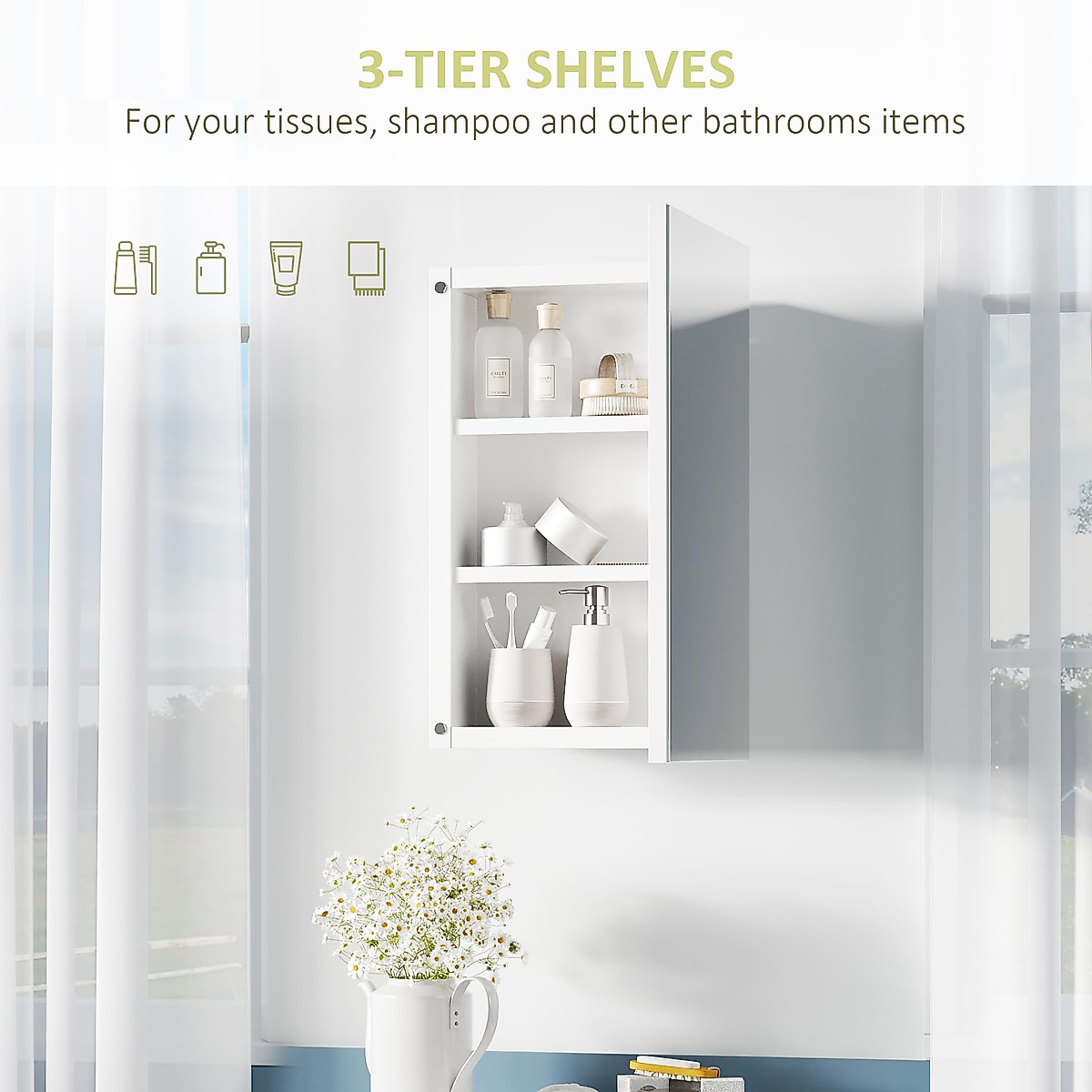 kleankin Recessed Medicine Cabinet, Stainless Steel Bathroom Mirror Cabinet with Door and Storage Shelves, White