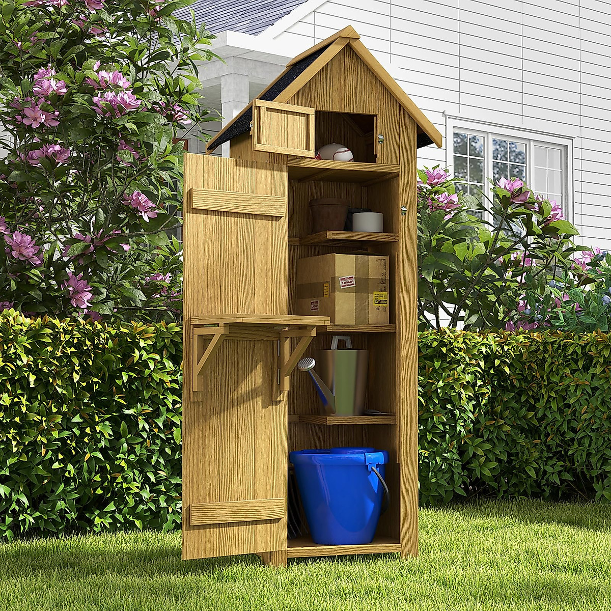 Patiowell Outdoor Storage Cabinet, Wooden Garden Shed with Waterproof Roof and Lockable Doors, Outside Vertical Tall Tool Shed for Graden Yard, Natural Wood