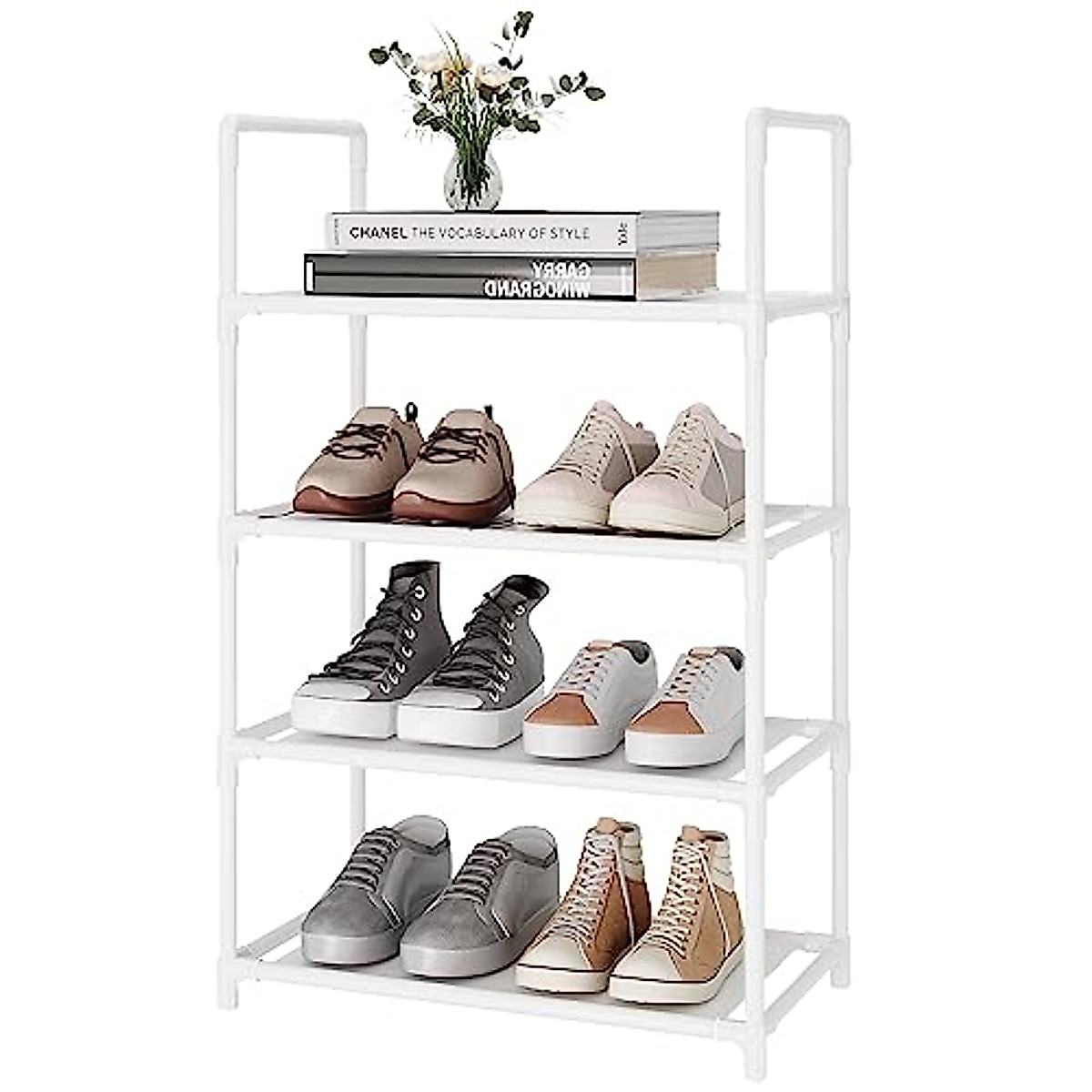 COAPUKT 4-Tier Small Shoe Rack, Narrow Kids Shoe Rack Stackable Organizer Storage,Sturdy Shoe Stand for Closet Entryway Hallway(4 Tiers-White)