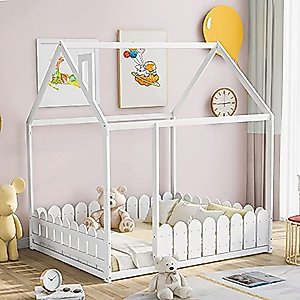 Merax Wooden House Bed with Fence-Shaped Guardrail Montessori Bed Frame for Kids, Toddlers, Girls, Boys (Full,White)