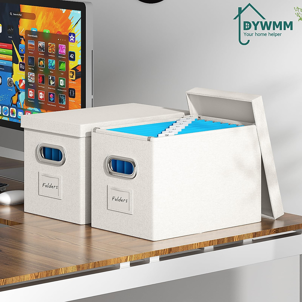 DYWMM Hanging File Box with Lid, Set of 2 Filing Organizer Storage Box, Linen Collapsible Decorative Office/Home File Cabinet (14x9.3x10.9 inch) (Off White)