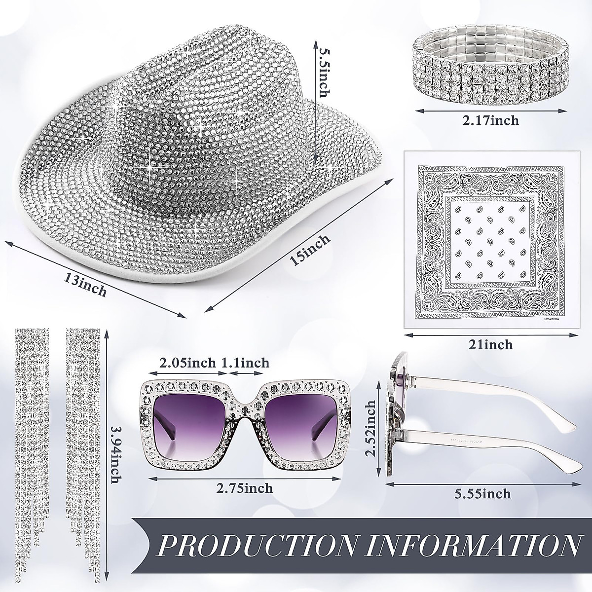 Cuffbow Set of 5 Rhinestone Cowgirl Hat Sunglasses Bling Bracelet Tassel Earrings Bandana Set for Women Cosplay Halloween