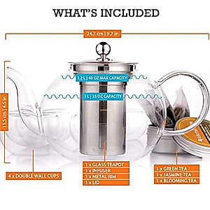 Tea Kettle Infuser Stovetop Gift Set - Glass Teapot with Removable Stainless Steel Strainer, Microwave & Dishwasher Safe, Tea Pot with Blooming, Loose Leaf Tea Sampler & 4 Double Wall Cups, Tea Maker.