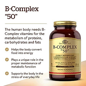 Solgar B-Complex “50”, 250 Vegetable Capsules - Energy Metabolism, Cardiovascular Support, Nervous System Support - Non-GMO, Vegan, Gluten Free, Dairy Free, Kosher, Halal - 250 Servings