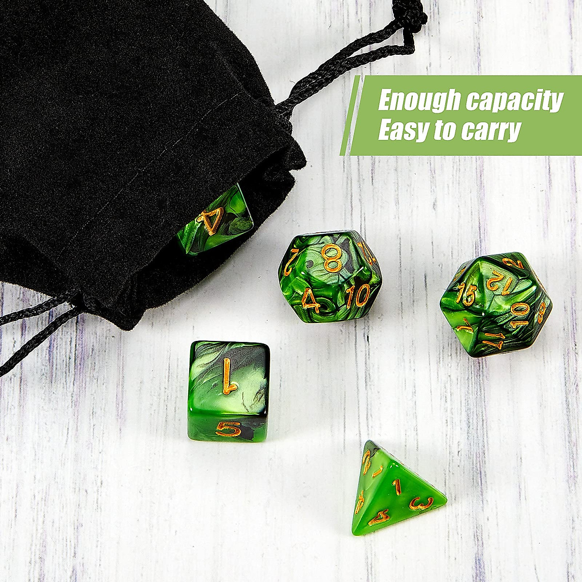 2 Set 11 Dice Polyhedral Dice Set Multisided Dice Set Smooth Touch with Drawstring Bag Compatible with RPG MTG Table Game Dice, 22 Pieces (Green, Black)