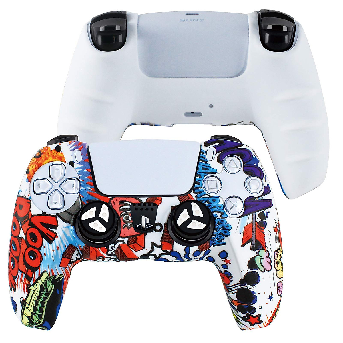 SIKEMAY Silicone Printing Cover Skin for PS5 Controller Grip, Protective Case for PlayStation 5 Accessories with 10 Thumb Grip Caps