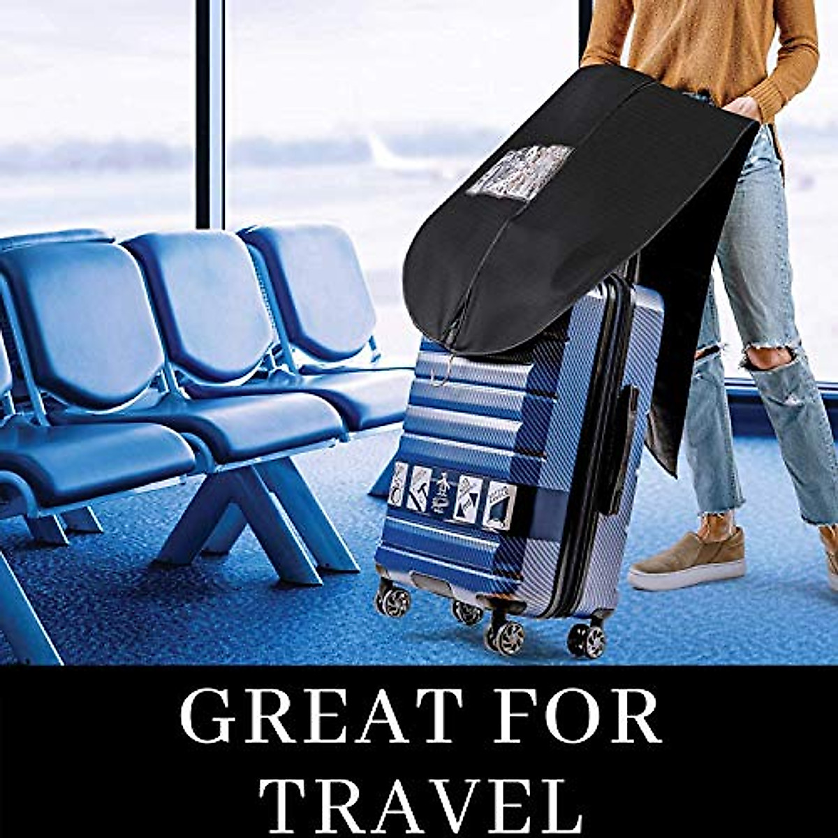 42 Inch Black Garment Bag Breathable for Suit Dress with Large Clear Window and Mesh Pockets