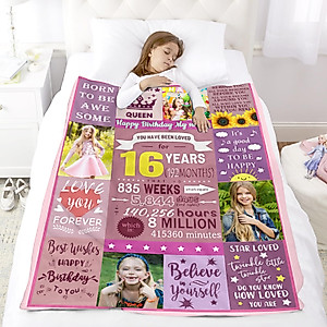 Kendt Personalized 16th Birthday Blanket with Photos,16 Year Old Birthday Gifts for Girl,Custom 16th Birthday Gifts for Girls, Daugther, Sister,Besties,Birthday Decorations(Pink Blanket)
