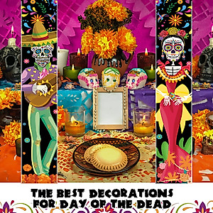 Preboun 3 Pcs Lighted Day of The Dead Porch Sign LED Mexican Halloween Decorations Dia De Los Muertos Day of The Dead Sugar Skull Marigold Flower Door Banner with Light for Halloween Party Decor