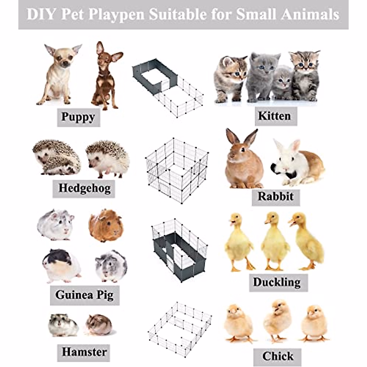 LANGXUN DIY Small Animal Pet Playpen with Door, Rabbit, Guinea Pig Cages, Puppy, Kitten Playpen | Indoor & Outdoor Portable Metal Wire Yard Fence, 12pcs Pet Panels