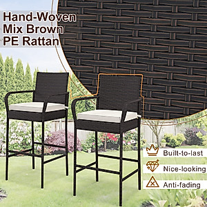 Tangkula Patio Wicker Barstools Set of 2, Outdoor PE Rattan Bar Chairs with Armrests & Soft Cushions, Stable Metal Frame, 400 lbs Max Load, Mix Brown PE Wicker Bar Chairs for Porch, Backyard