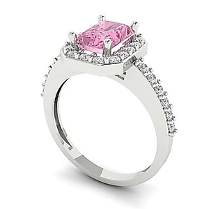 Clara Pucci 2.04ct Emerald Cut Custom Engraving Solitaire W/Accent Halo Pink Faux Diamond Statement Art Deco Ring 14k White Gold Size 8