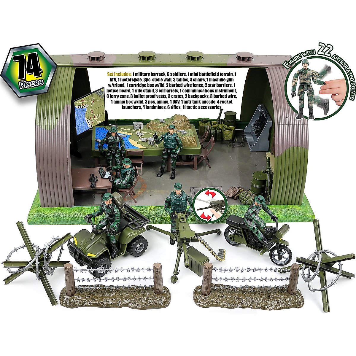 Click N’ Play Military Playset and Army Action Figures with a Base Barrack Command Center, Includes 74 Accessories - 6 Soldier Action Figures with Gear, Guns, Vehicles, Army Playsets for Boys 8-12
