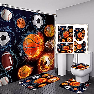 Camille&Andrew 4PCS Sports Shower Curtain Set, Water Fire Basketball Soccer Baseball American Football Cool Men Teen Boys Bathroom Decor, Waterproof Fabric Navy Blue Shower Curtain, Non-Slip Bath Mat