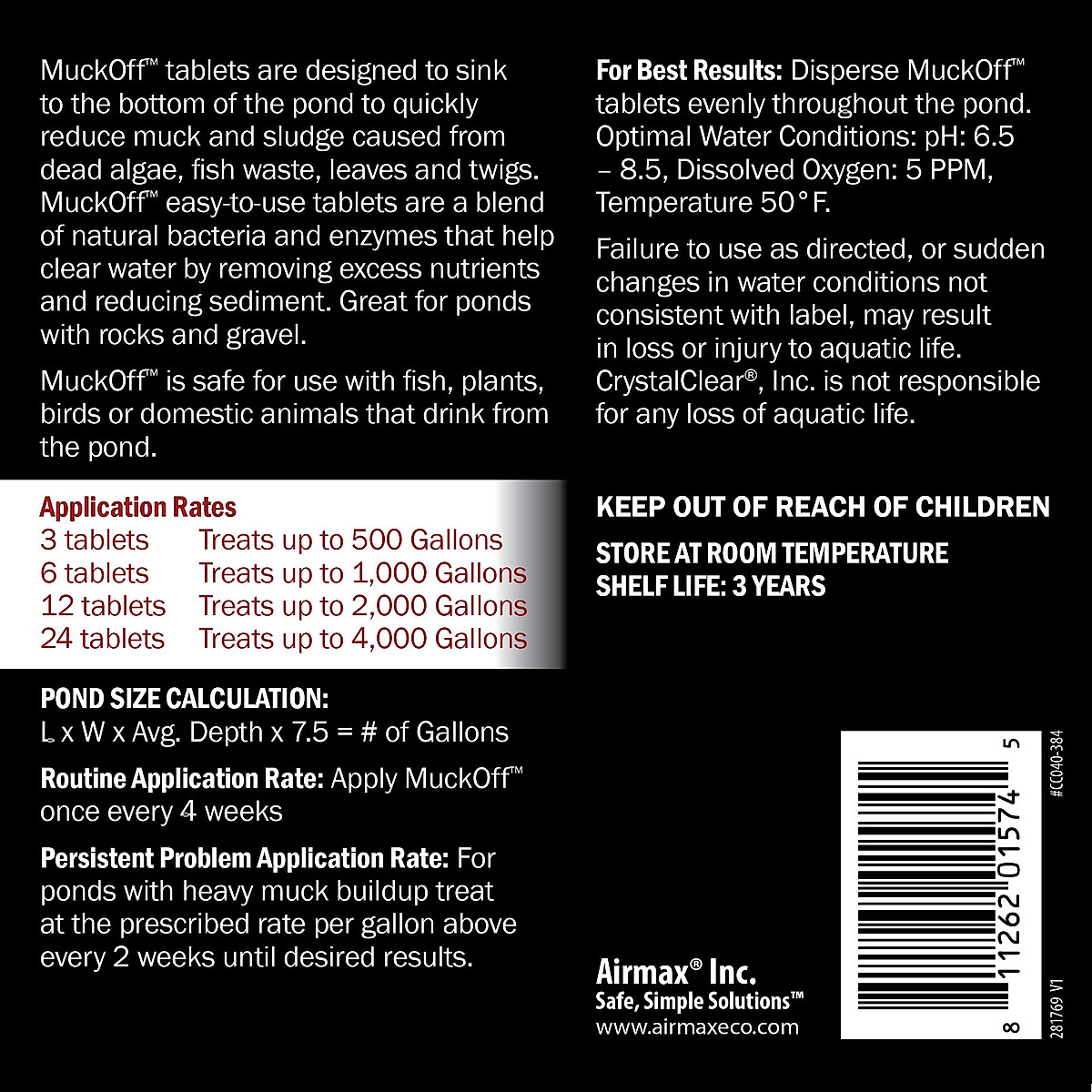 CrystalClear MuckOff, Natural Pond Muck Treatment, Water Garden, Fountain & Bird Bath Sludge Remover, Living Beneficial Bacteria Clarifier with Enzyme, Fish, Aquatic Animal, & Pet Safe, 48 Tablets