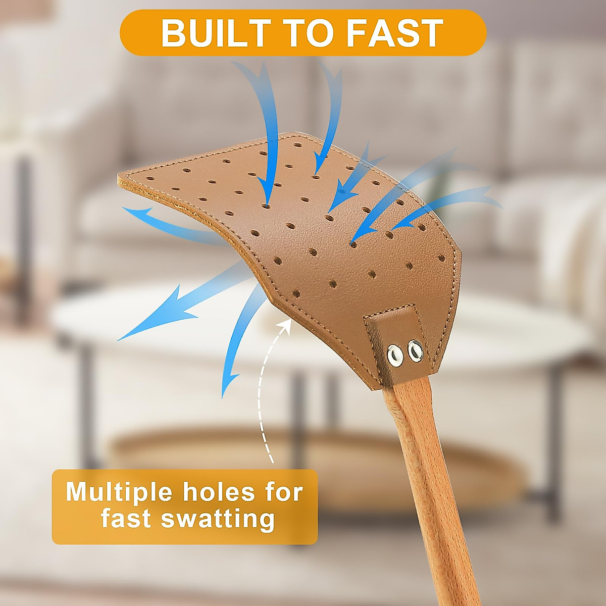 Leather Fly Swatter for Indoors/Outdoors, Heavy Duty Flyswatter with Walnut Wood Handle 19.7" Long Fly swatted Manual for Bug, Flies, Bees, Mosquitoes Brown