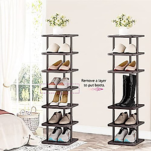 SORCEDAS Shoe Rack Organizer 7 Tier Vertical Storage Stand Narrow Shelf for Small Spaces Entryway Corner Closet Door Bedroom Black (Black + Rustic Dark Brown, 7 Tier-Small)