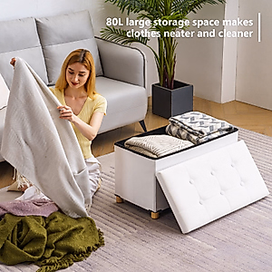 YOUDENOVA 30 Inches Folding Storage Ottoman Bench, Velvet Storage Chest, Footrest Couch with Wooden Legs, Support 350lbs for Bedroom, Living Room, Hallway, White