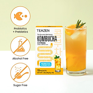 TEAZEN Kombucha 4 Flavors 40 Sticks Variety Pack, Kombucha Lemon, Peach, Berry Citron (40 Sticks)