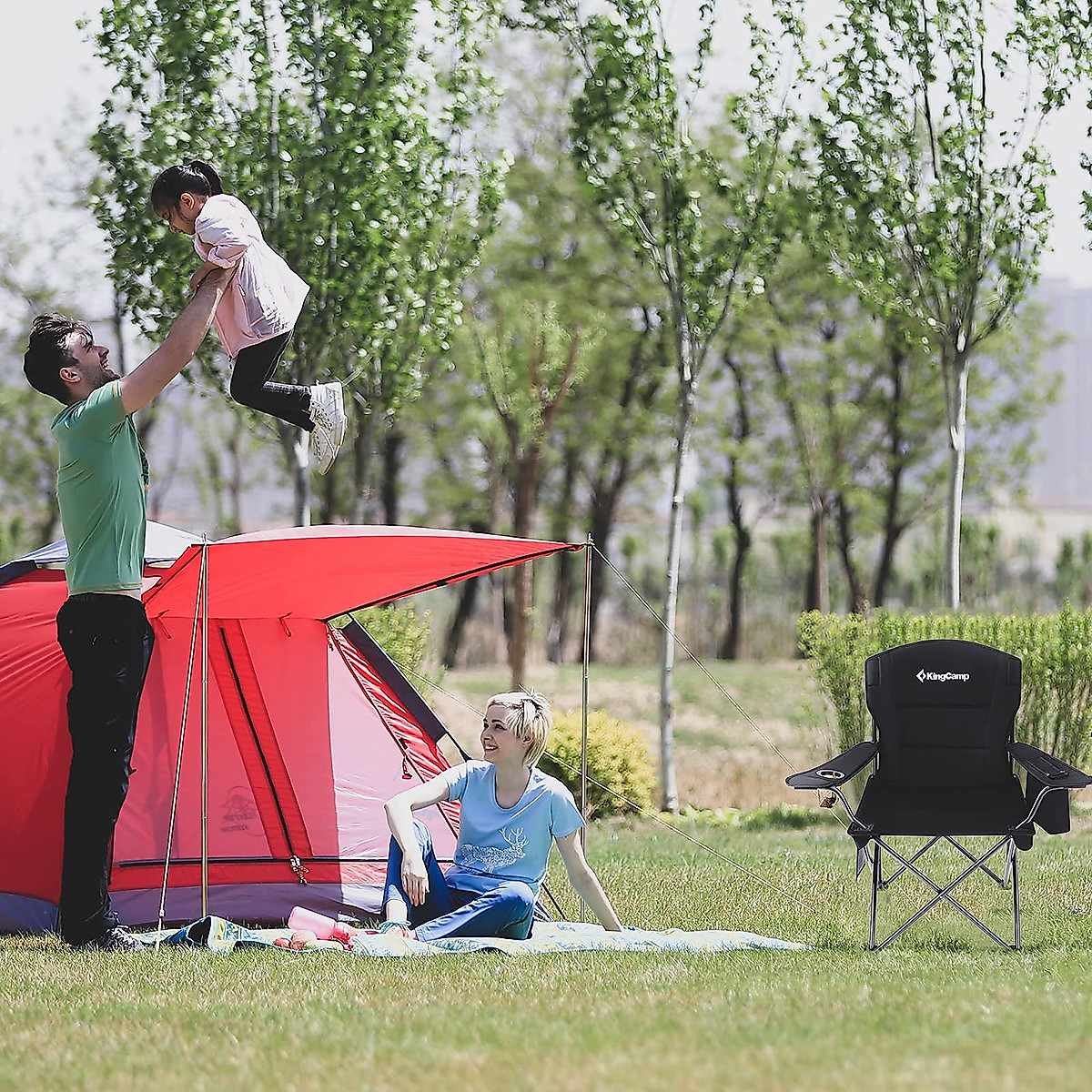 KingCamp Oversized Folding Camping Chair for Adults Portable Outdoor Lawn Heavy Duty with Cooler, Cup Holder, Side Pocket,Carry Bag, 1 Pack, Black