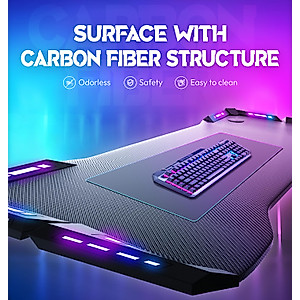 Dowinx Gaming Desk with LED Lights, RGB Gaming Computer Table with Carbon Fibre Surface, LED Home Office Desk with Remote Control, Pc Workstation with Cup Holder and Headphone Hook, Black