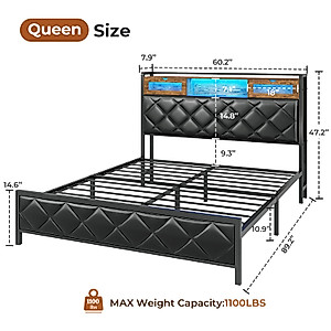 DICTAC Queen LED Bed Frame with Bookcase Storage Headboard, Charging Station,Hidden Storage Space Metal Platform Bed Frame with Storage Shelves & LED Lights,Faux Leather,Heavy Duty Metal Slats,Black