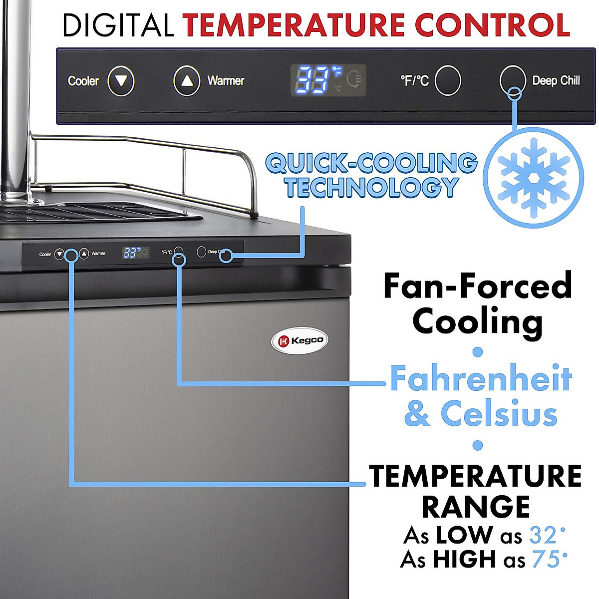 Kegco HBK309S-2K Full-Size Digital Homebrew Kegerator Dual Faucet Stainless with Ball Lock Keg, 1 count