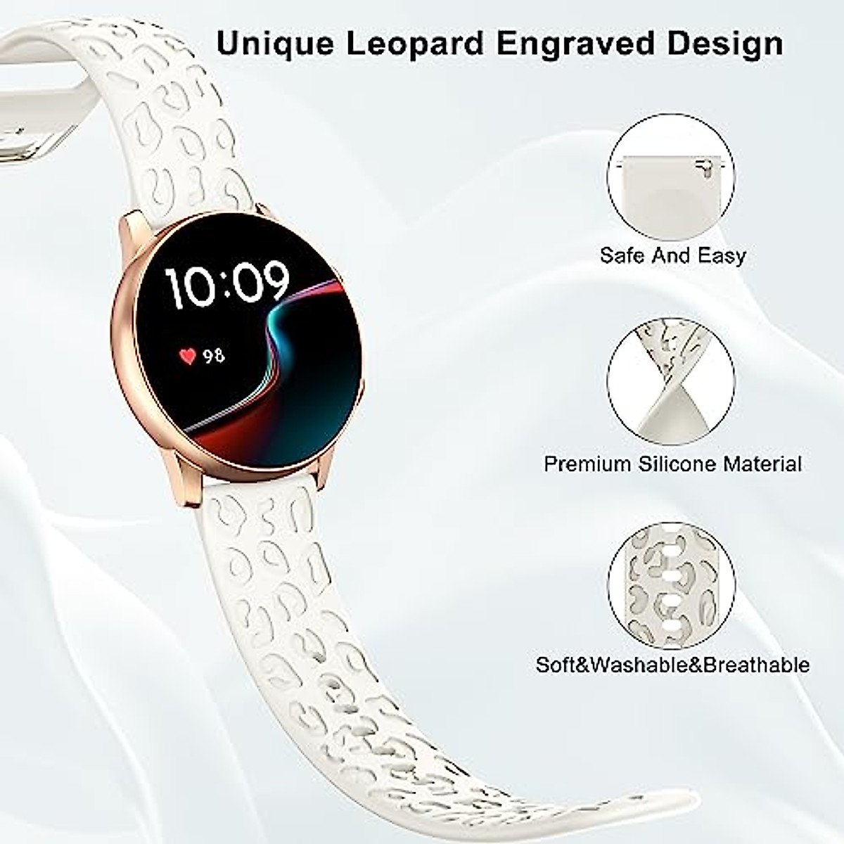 Leopard Engraved Bands Compatible with Samsung Galaxy Watch 6/5/Watch 4 40mm 44mm for Women, Samsung Galaxy Watch 5 Pro 45mm/Galaxy Active 2/Galaxy Watch 3, 20mm Soft Silicone Replacement Sport Strap