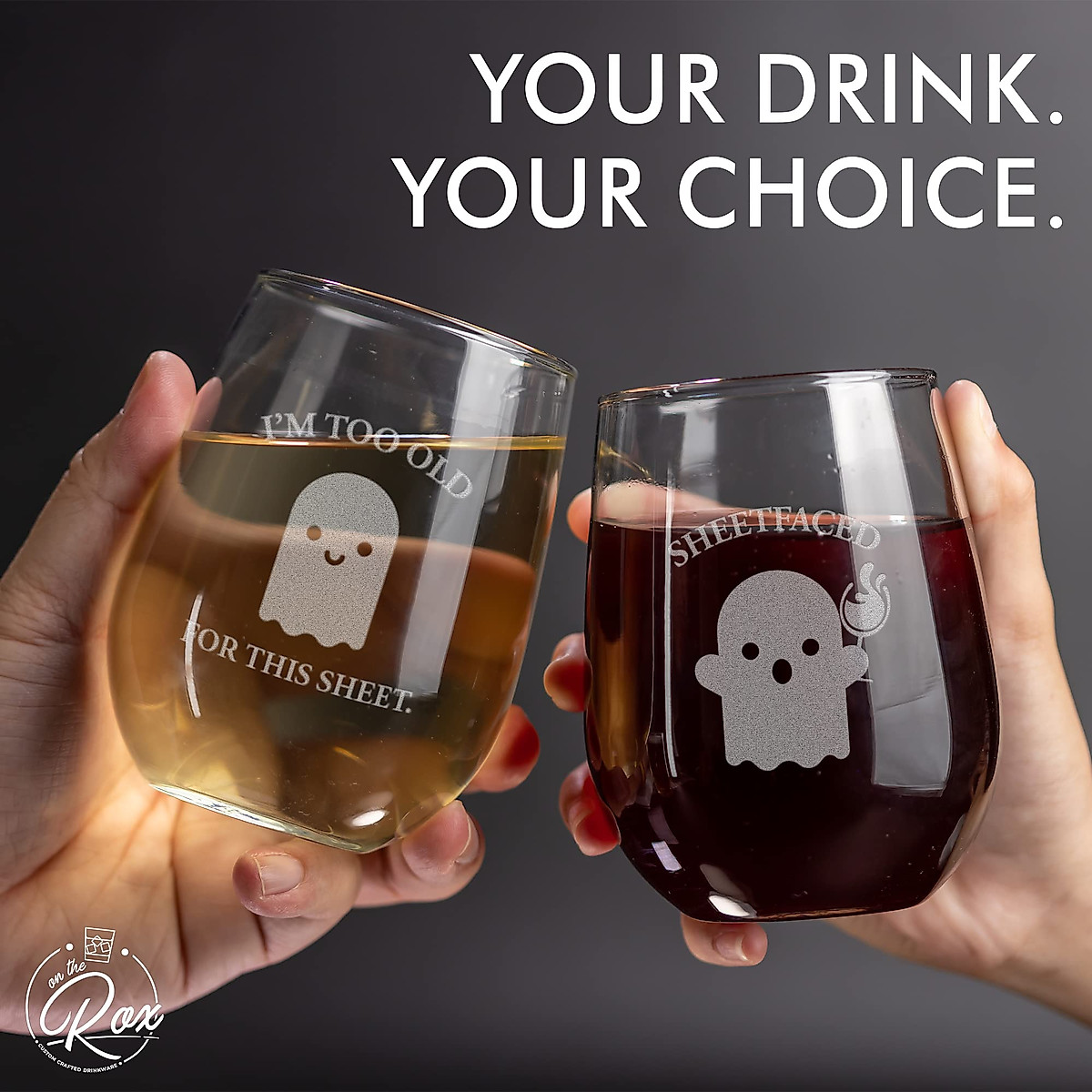 On The Rox Drinks Halloween Wine Glass Gifts for Women - I'm Too Old For This Sheet Sheet Faced 2PC Wine Glass Set - Halloween Cups, Halloween Tumbler, Drinking Glassware - Spooky Ghost Gifts