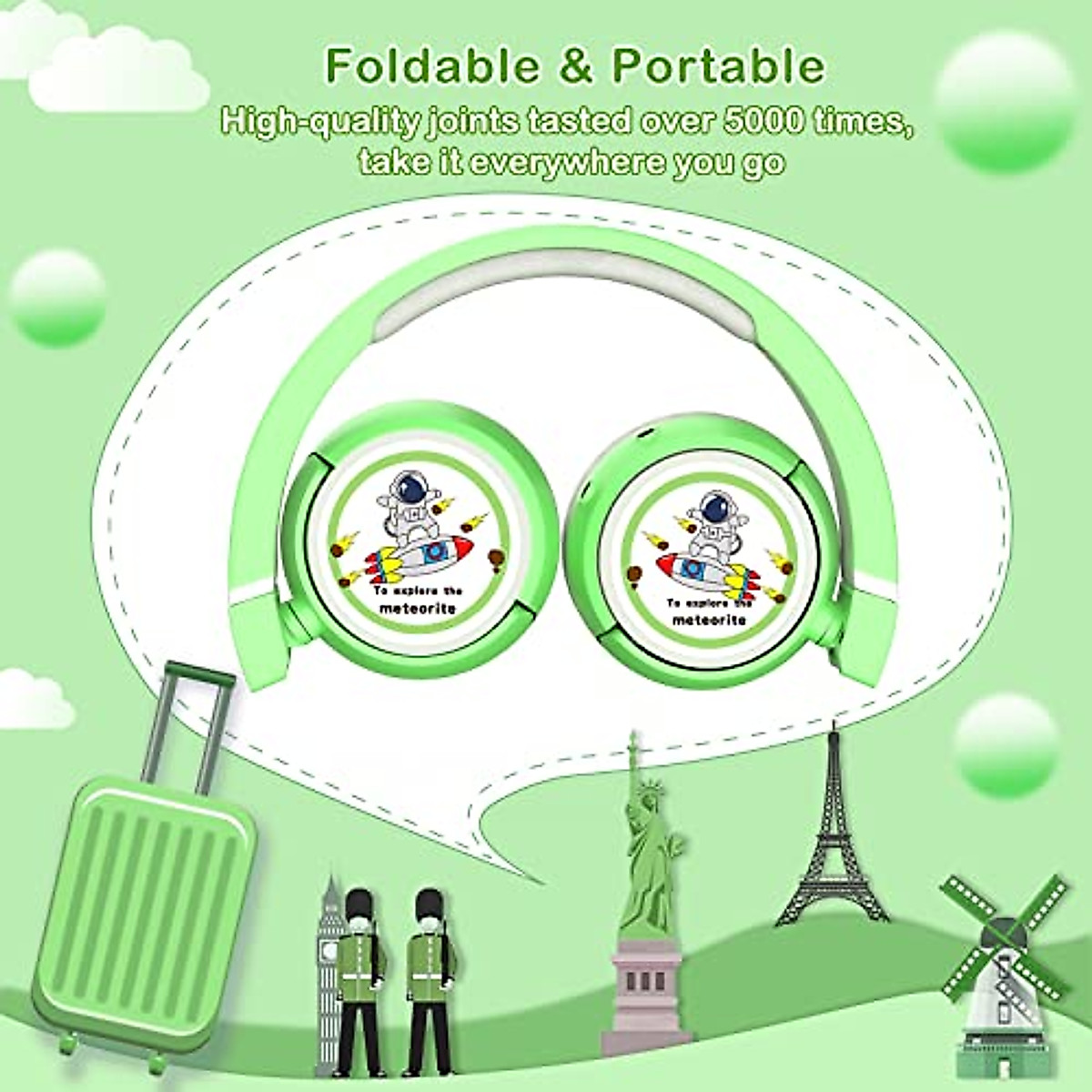 ONITOON Wired 85dB Volume Limited Over-Ear Headset, Foldable and Share Port for Toddler, Child Girls, Boys Travel School Phone Pad PC Tablet (Green)