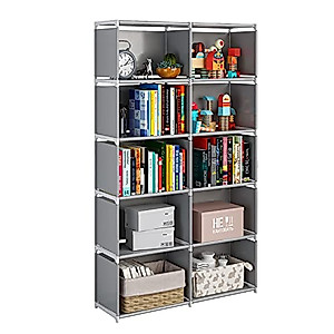 JIUYOTREE 6-Tiers Portable Bookshelf with Fabric Cloth at Back, 10 Cube Closet Storage Organizer Bookcase, Living Room,Study Room,Bedroom, Grey