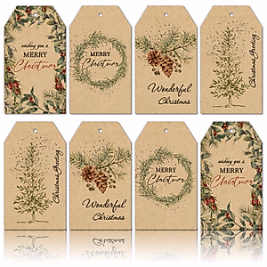 Whaline 120Pcs Christmas Plants Gift Tags Vintage Kraft Paper Gift Tags with 98.4Ft Hemp Rope Watercolor Plant Merry Christmas Seasonal Wishes Xmas Favor Hanging Tags for Christmas Party Gift Wrapping