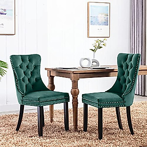ayoodfo Velvet Dining Chair Set of 2, Upholstered Dining Room Chairs with Nailhead Trim and Back Ring Pull, Modern Luxury Tufted Dining Chairs for Kitchen, Dinning Room, Green