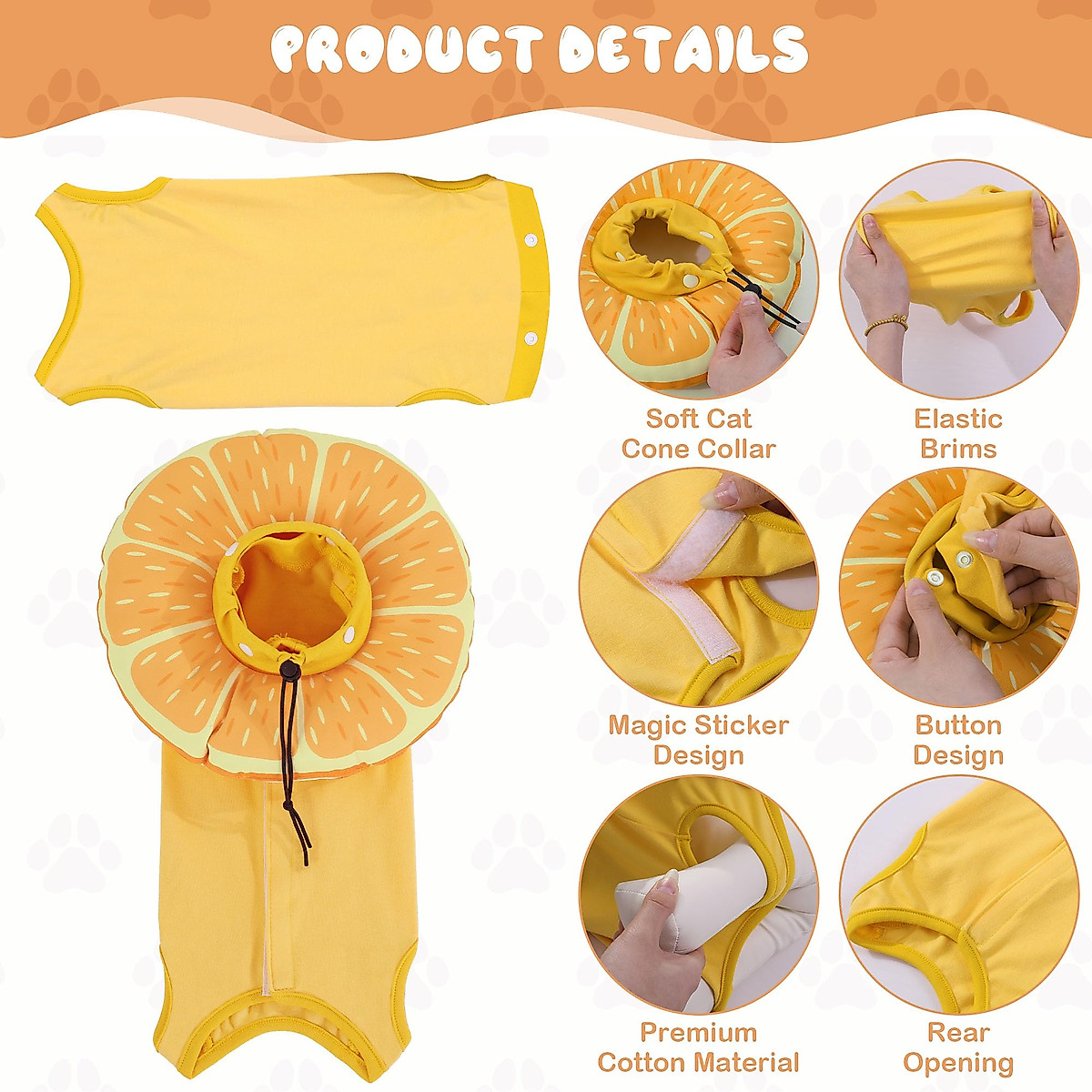 MABOZOO 2-in-1 Cat Surgical Suit, 2 Cat Recovery Suit & Cat Cone Collar for Cats After Surgery, Cute Kitten Surgical Full Bodysuit Cat Recovery Collar for Cats Dogs 4-8lb(Yellow)