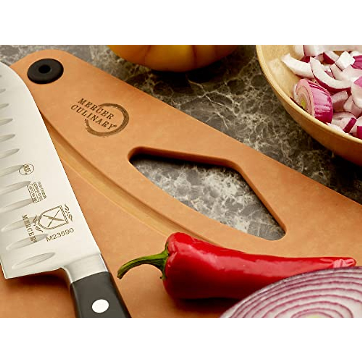 Mercer Culinary Composite Cutting Board-17.25" X 11.75",W/SIL Feet/Channel, Small, Tan