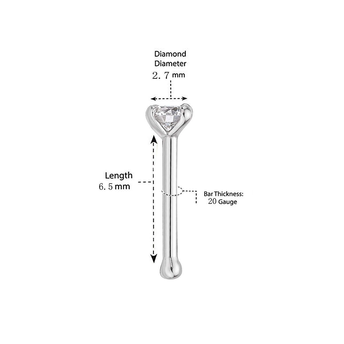 Lavari Jewelers 20 Gauge Straight Bone Stud Nose Ring for Women in 14k White Gold with 0.07 Carat Diamond