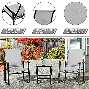Vongrasig 3 Piece Outdoor Rocking Bistro Set, Textilene Fabric Small Patio Furniture Set, Front Porch Rocker Chairs Conversation Set with Glass Table for Lawn, Garden, Balcony, Poolside (Light Gray)