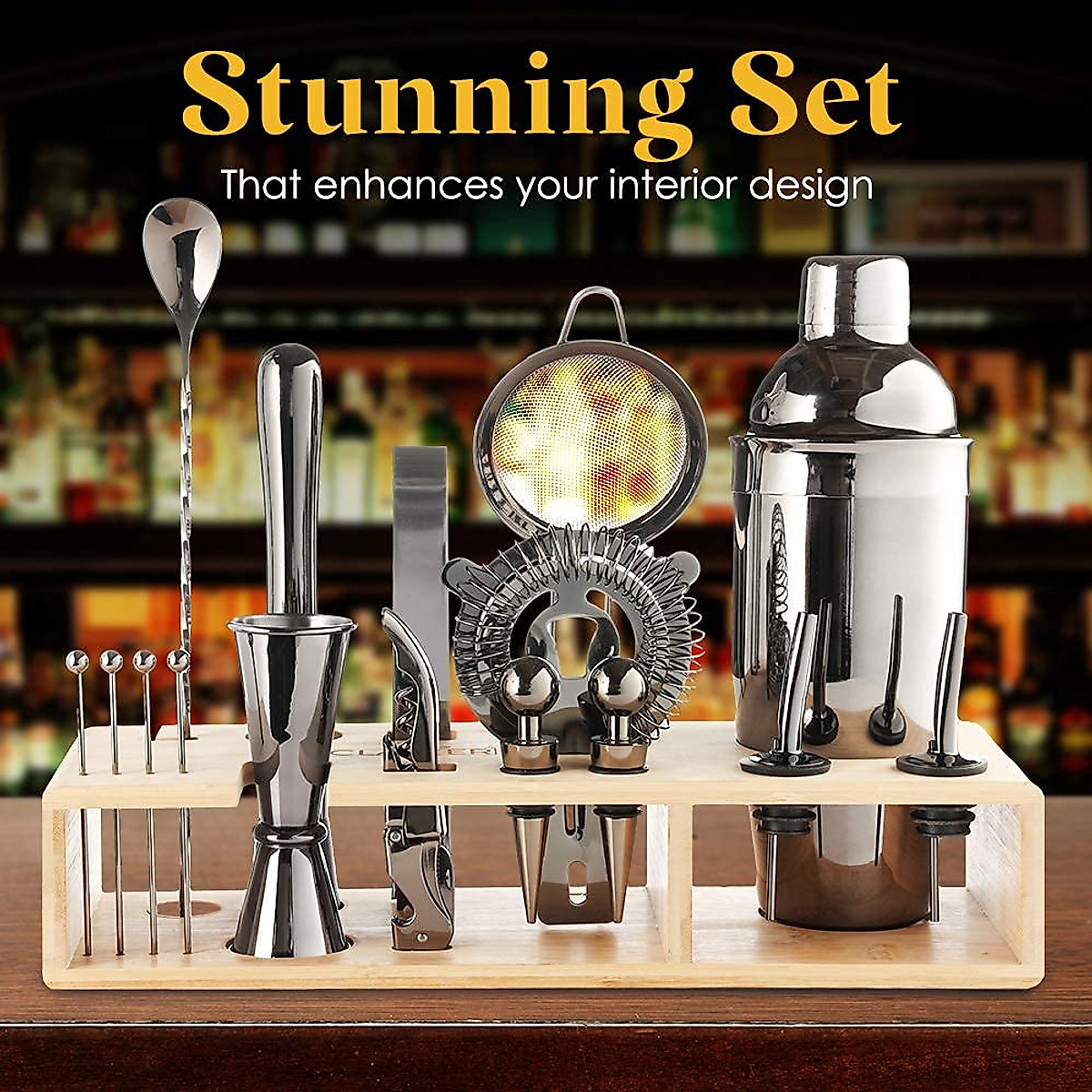 23-Piece Mixology Bar Kit Cocktail Shaker Set - Bartender Kit with Stylish Bamboo Stand - Home Bar Tools and Martini Drink Mixer Gift Set with Recipe Book