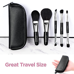 Brush Master Travel Makeup Brushes Set w/Pouch, 5PCS Double Ended Portable Mini Cosmetic Brushes Kit for Foundation, Eyeshadow, Lip, Blush Make Up Brushes Professional(Black)